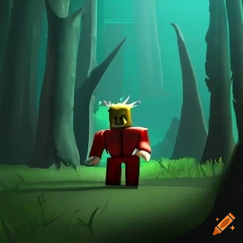 Roblox game thumbnail creature jumping out of a dark forest on Craiyon