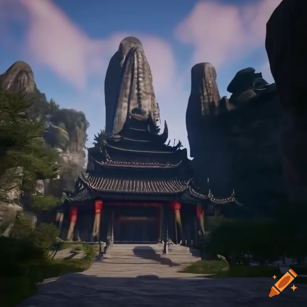 Chinese temple with rock statue of buddha, trees, and evening cloudy ...