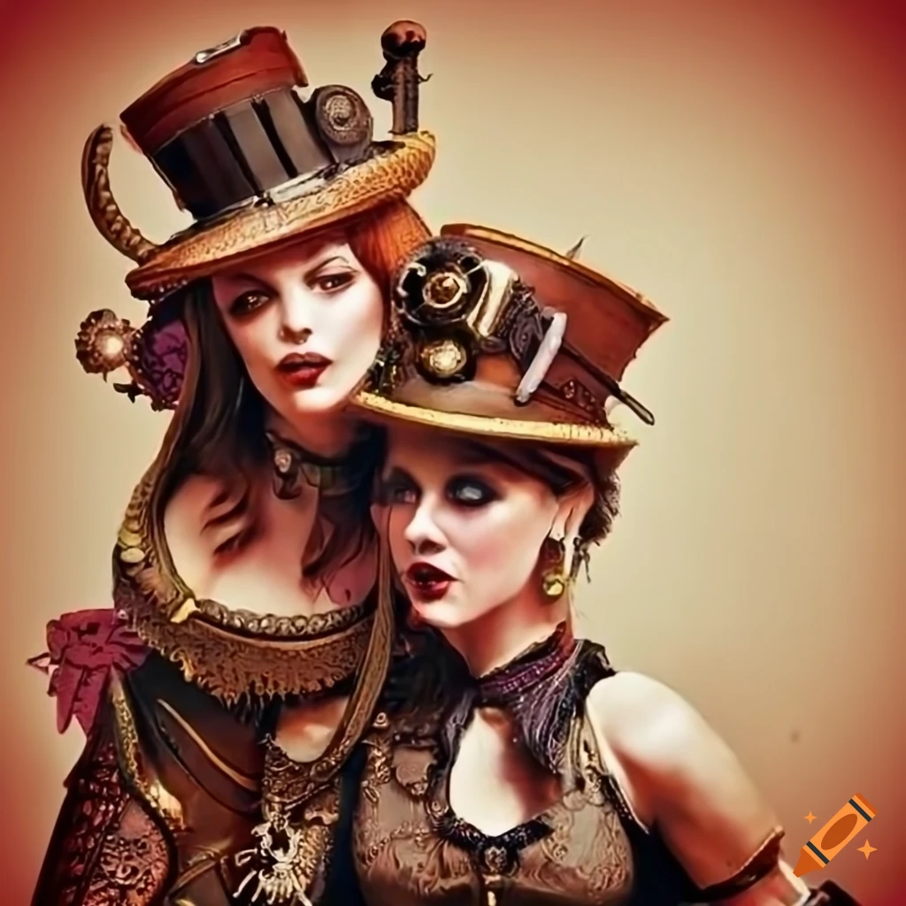 Three stylish sisters in steampunk attire on Craiyon