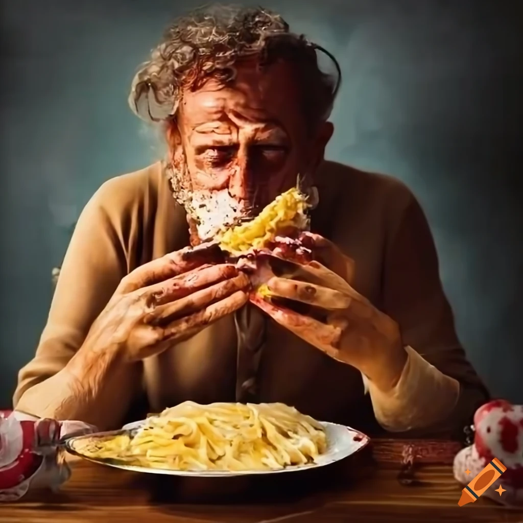 Person eating spaghetti messily with hands on Craiyon