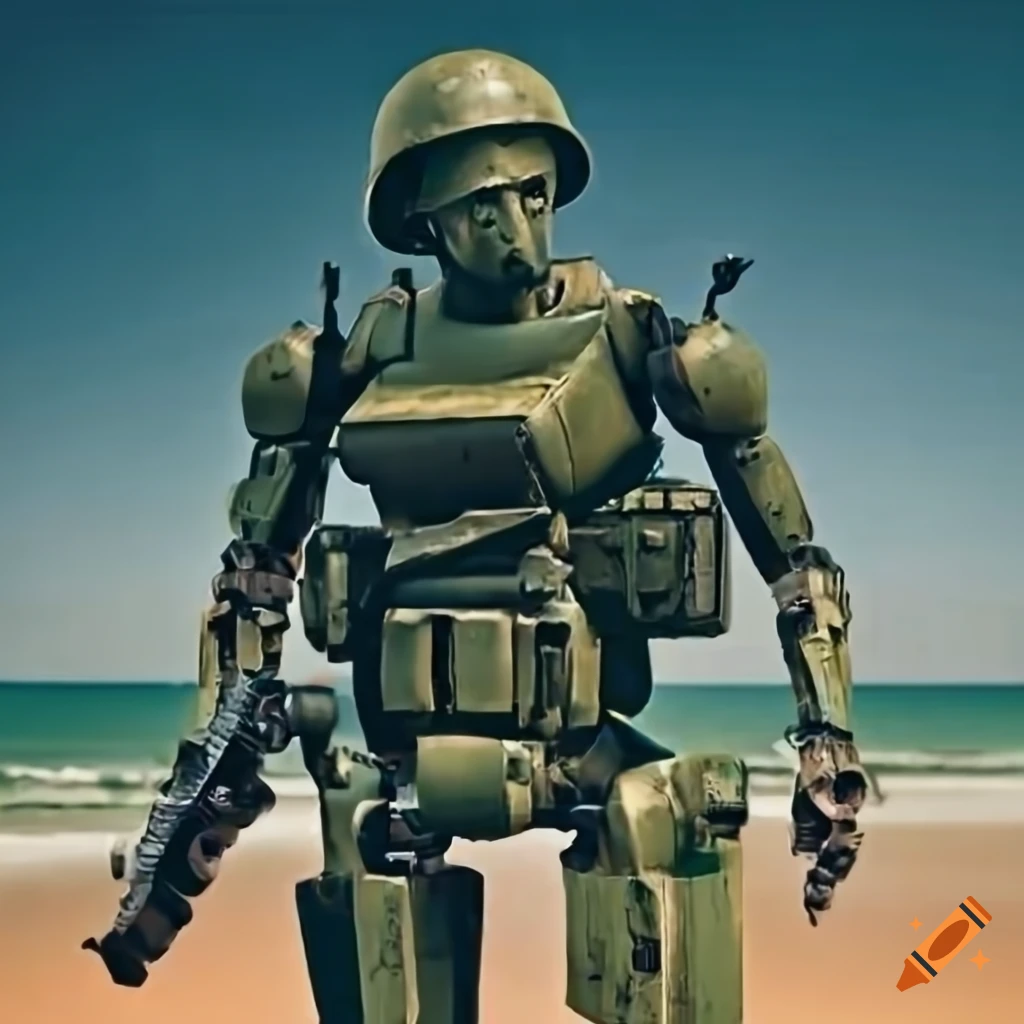 Ww2 robot soldier with battle gear firing weapon on normandy beach on ...