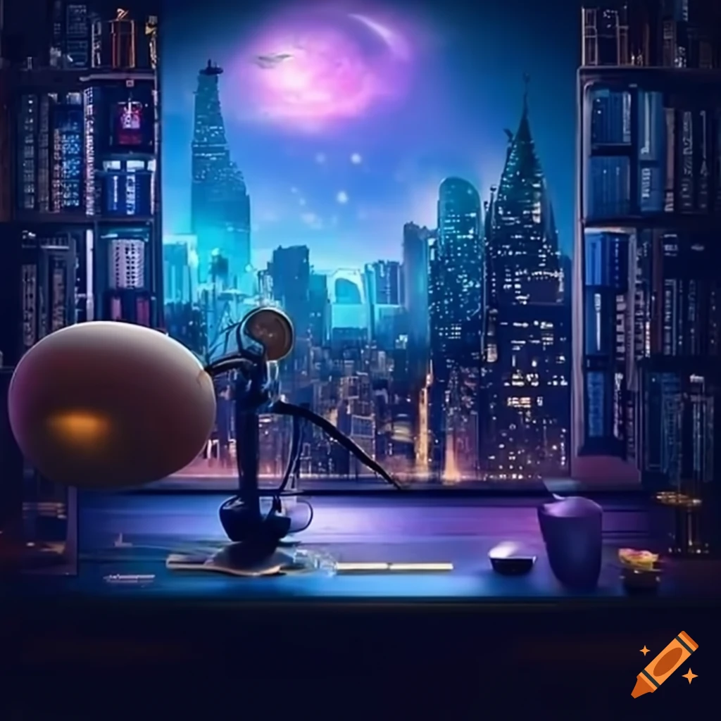 Radio interview desk overlooking a magical city at night on Craiyon