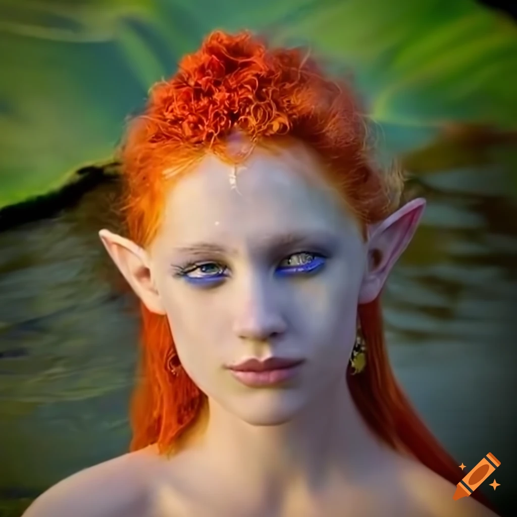 Close-up of a red-haired mermaid goddess at a tropical haven during ...