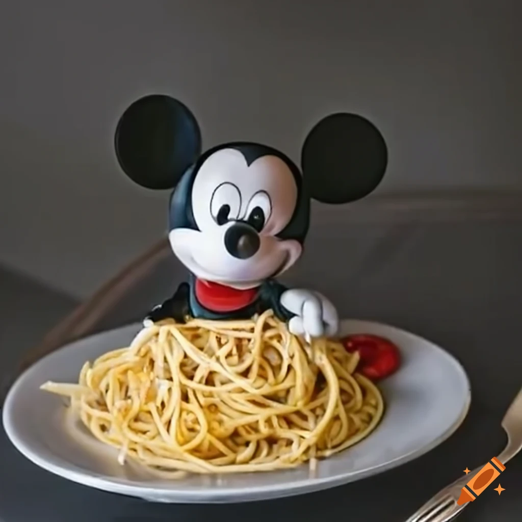 Mickey mouse enjoying spaghetti bolognese on Craiyon