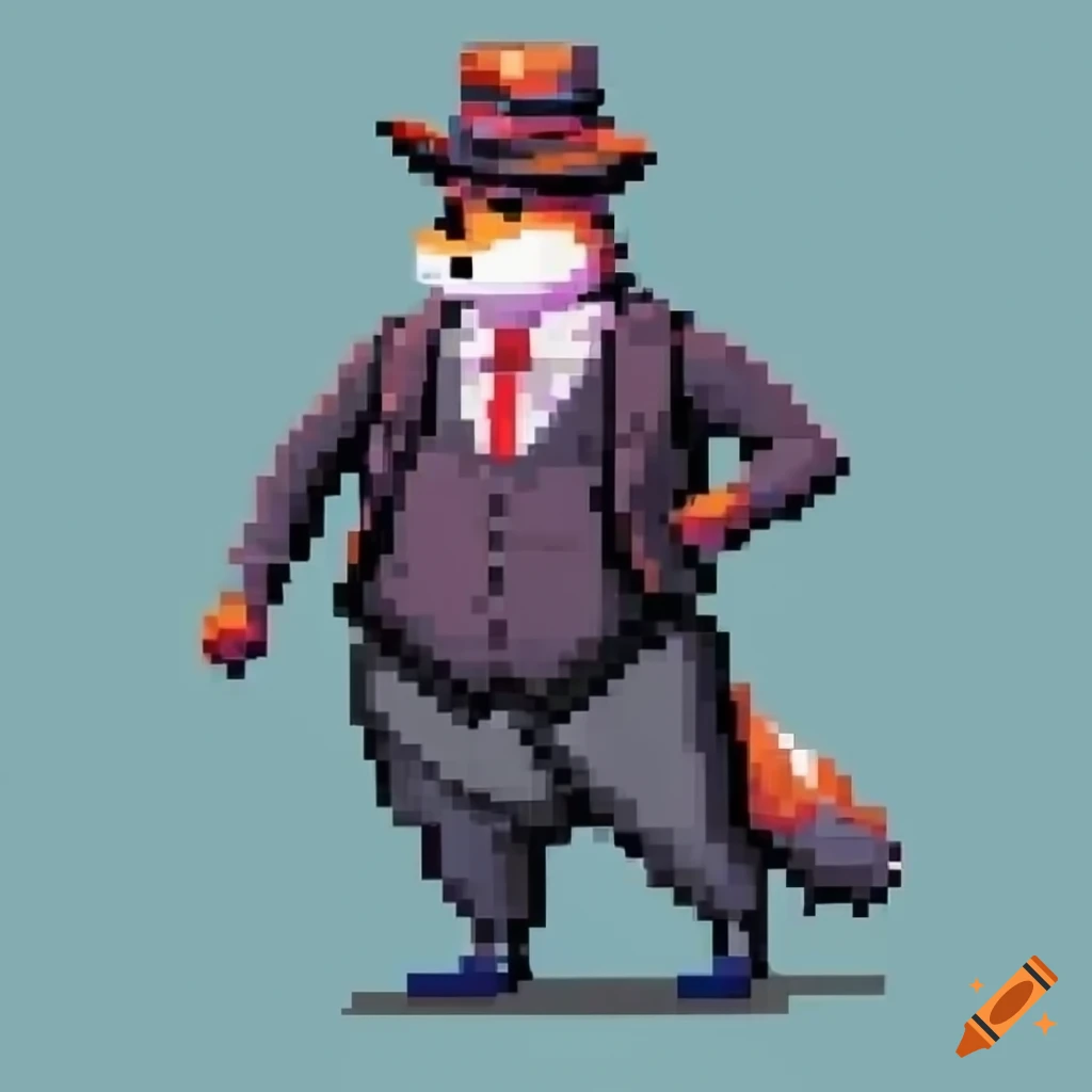 Dapper male fox in suit vest and fedora in pixel art style on Craiyon