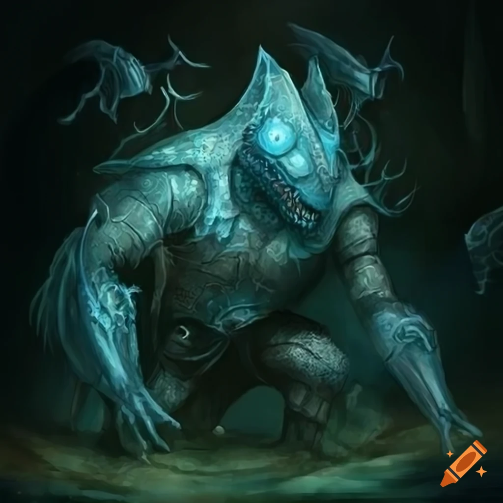 Fish humanoid in aquatic seashell knight armor in fantasy art on Craiyon