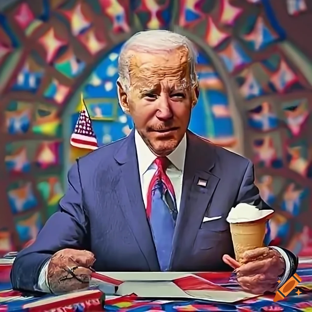 President joe biden in a futuristic office surrounded by american flags ...