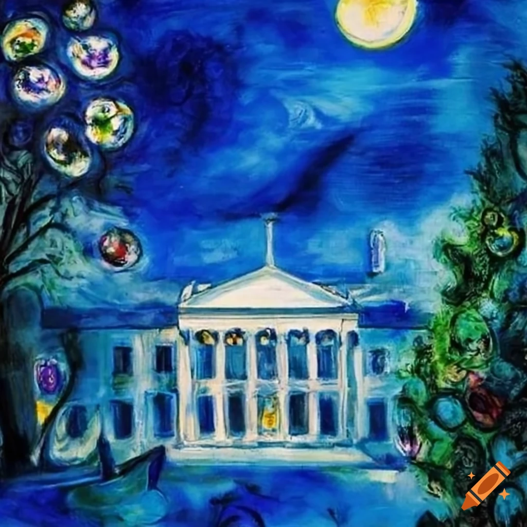 Us white house resembling the blue house by artist mark chagall on Craiyon