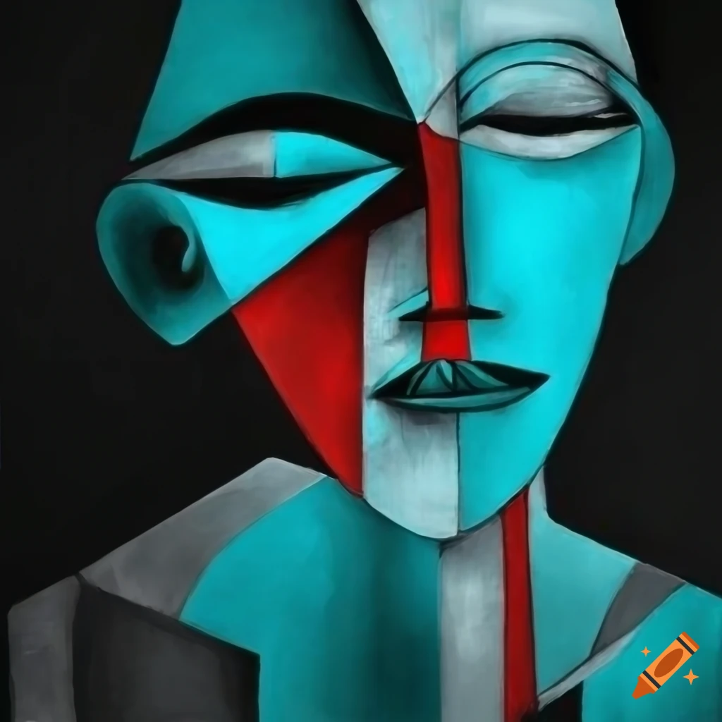 Abstract black and white monochrome cubist expressionist art with red ...