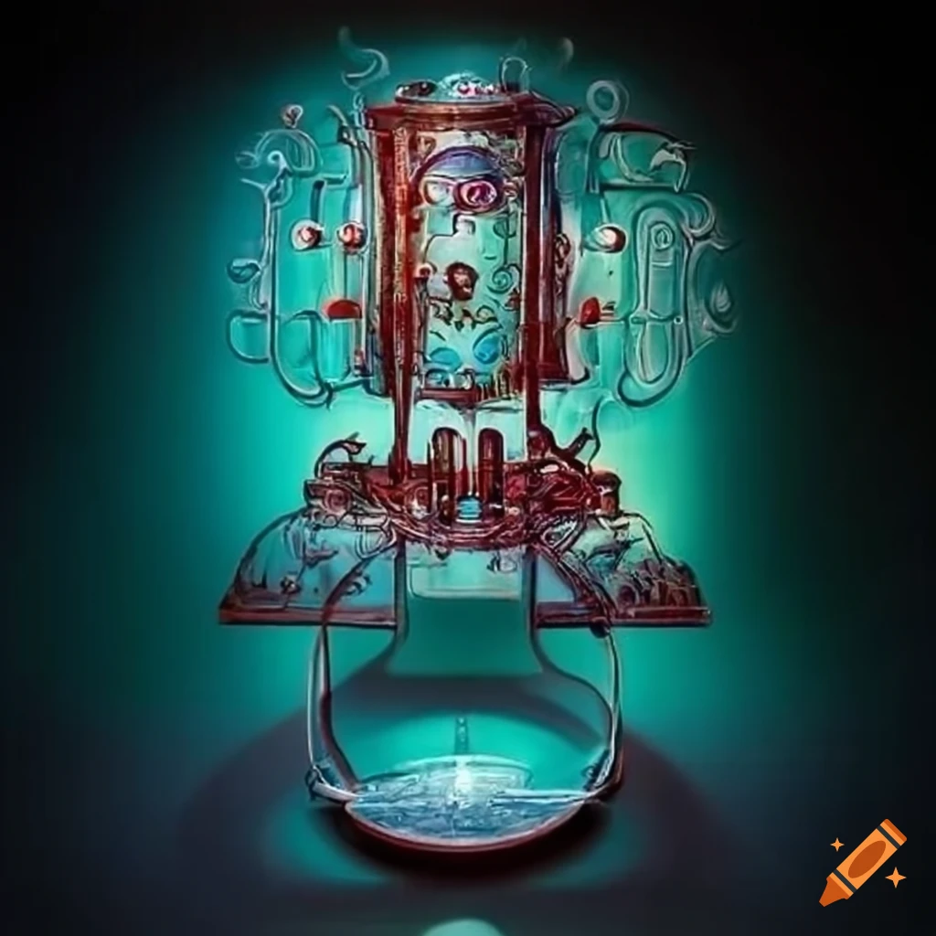 Surreal puzzle machine system with glass, copper, plastic, enigma, and ...