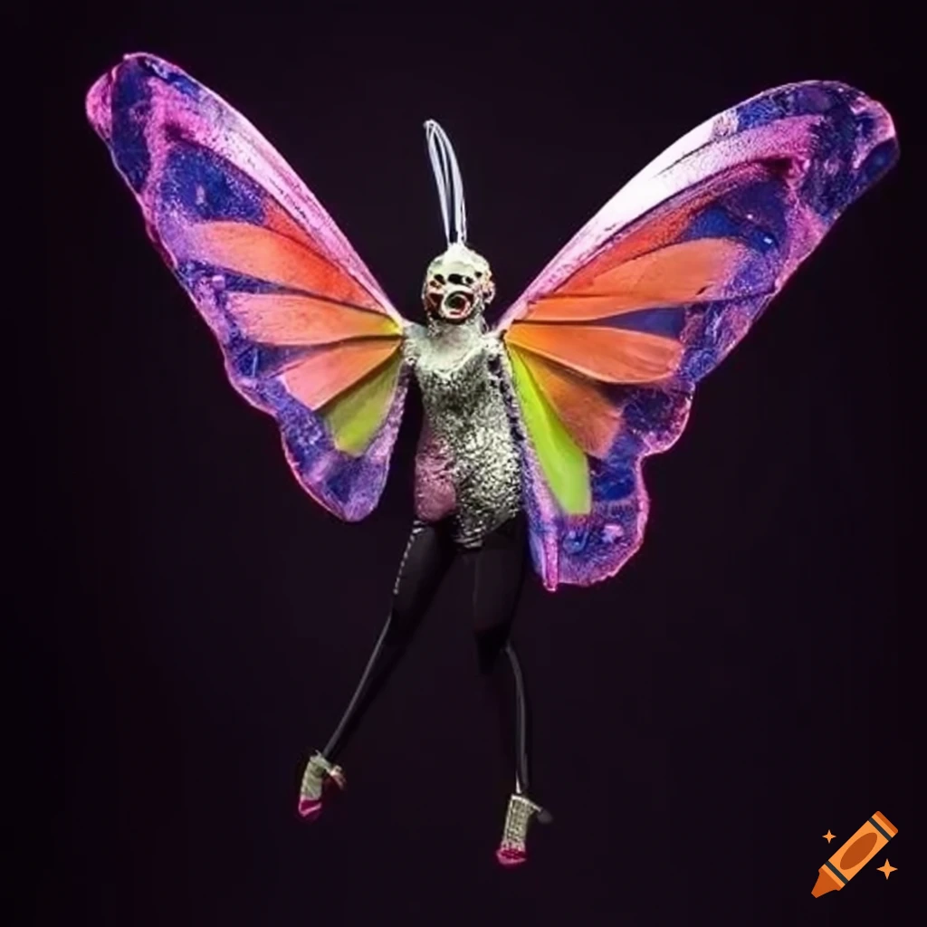 Fun carnival butterfly animatronic character standing sideways on Craiyon
