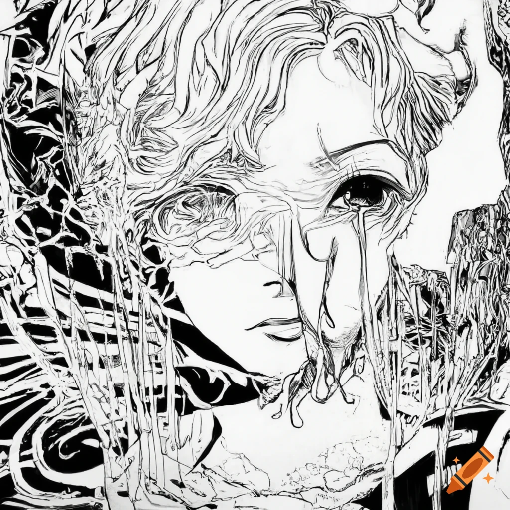 Black and white highly detailed manga panel with sharp outline on Craiyon