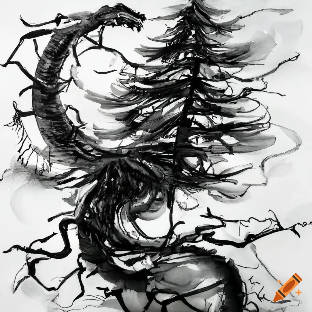 Pine tree and dragon in black and white ink painting on Craiyon