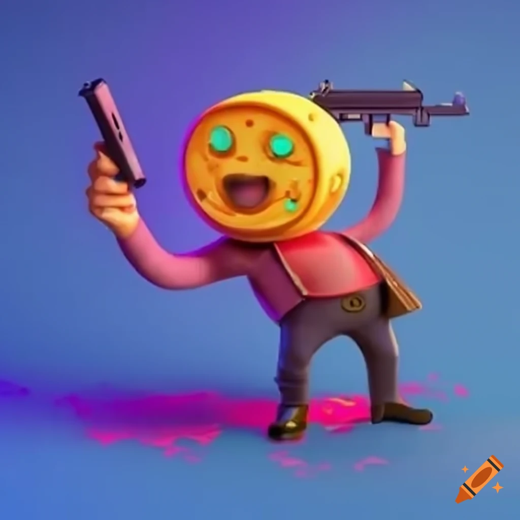 Cheese wheel with gun and fedora in a 3d render on Craiyon