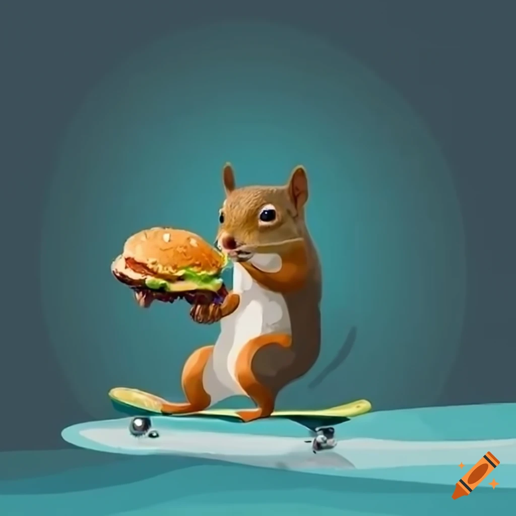 Skateboarding squirrel riding a wave with a hamburger on Craiyon
