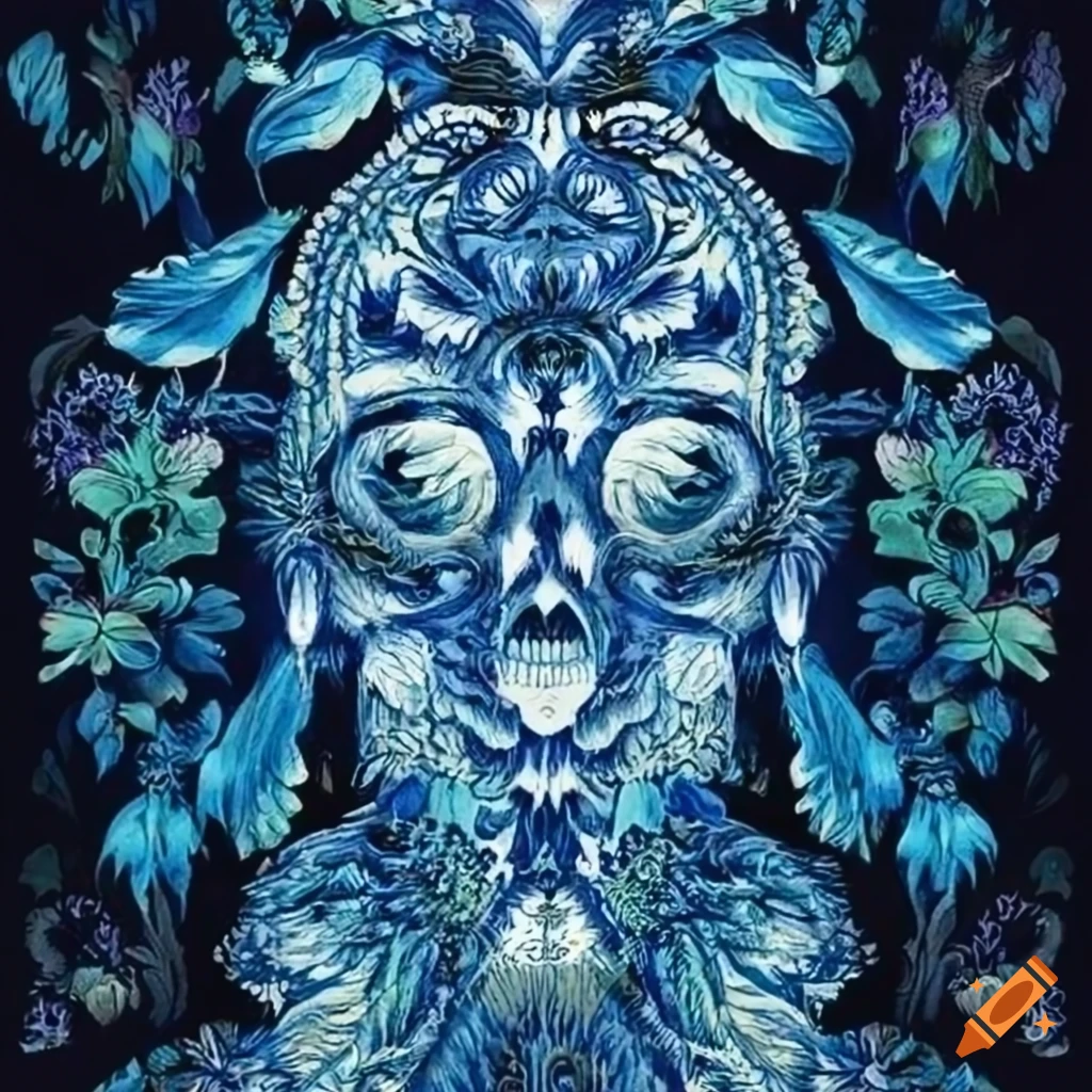 Blue and white herbal motif poster with Native American vibe on Craiyon