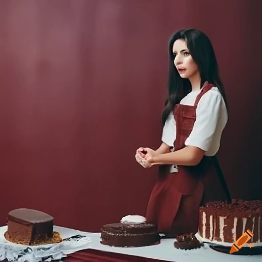 Mysterious woman baking a chocolate cake in a cozy setting on Craiyon