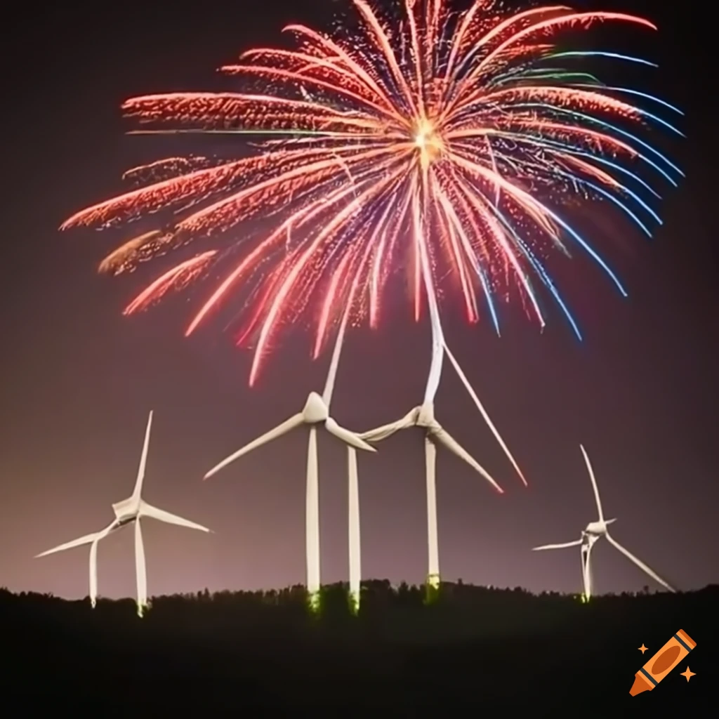 Fireworks in the night sky with renewable energy windmills on Craiyon