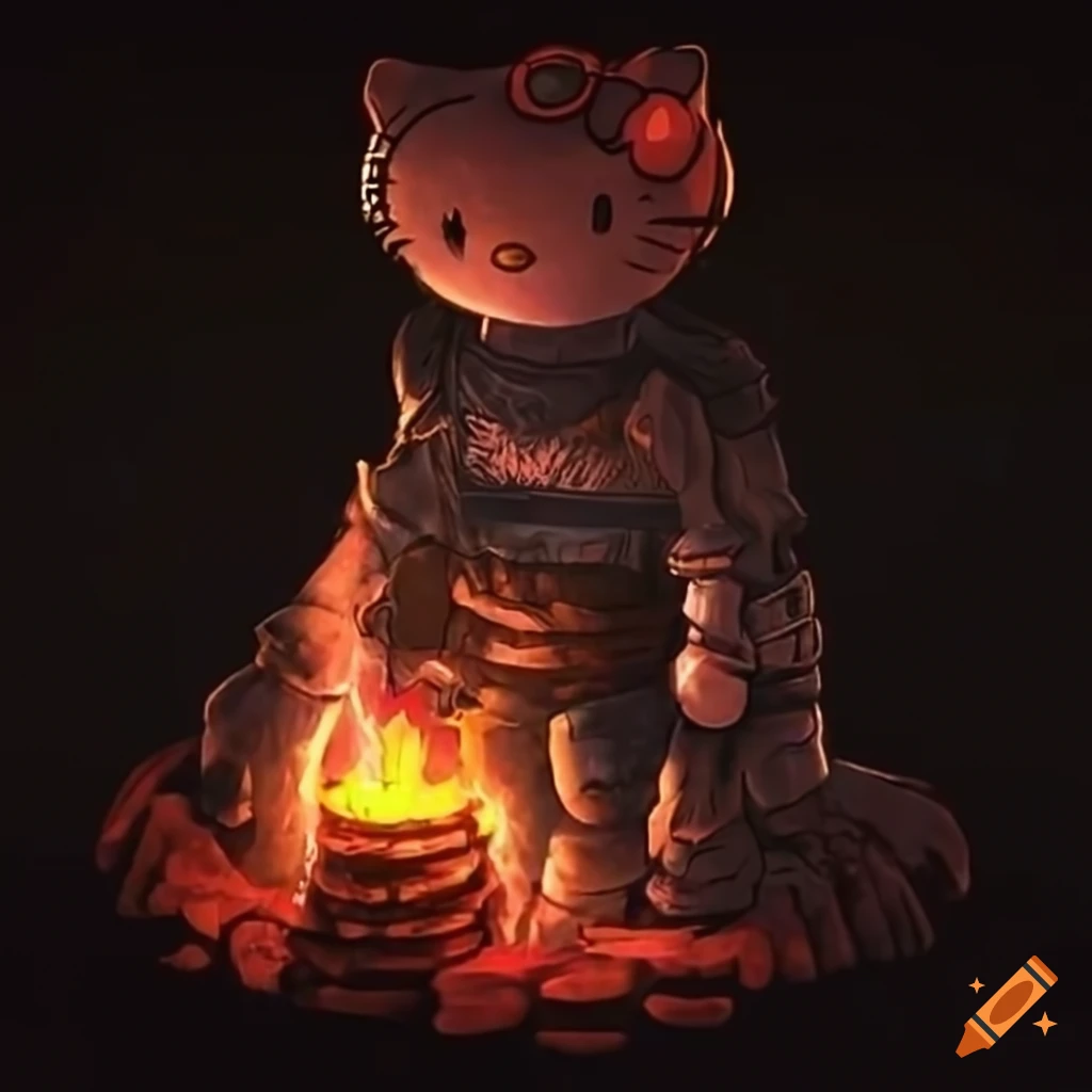 Hello kitty at a bonfire in a dark setting on Craiyon
