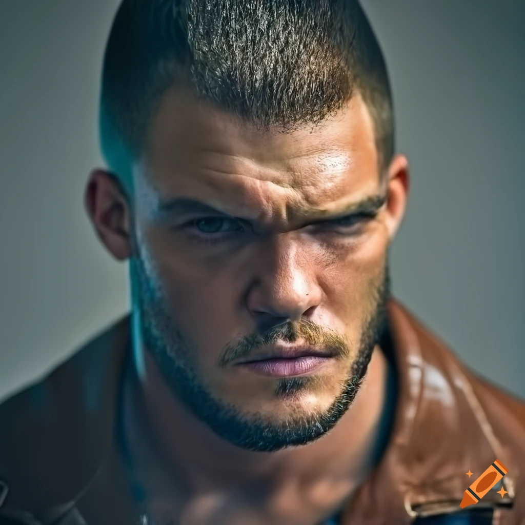 Muscular man with brown leather jacket in cinematic city street setting ...