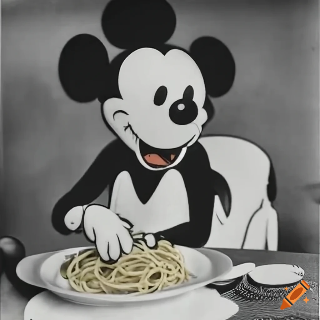 1928 mickey mouse enjoying spaghetti bolognese on Craiyon
