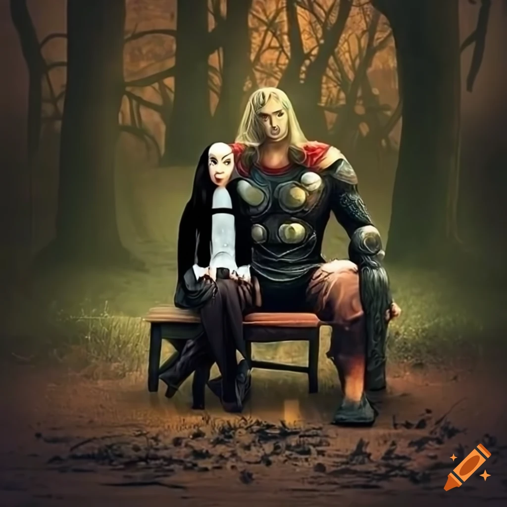 Portrait of thor and wednesday addams on a bench in a spooky forest on Craiyon