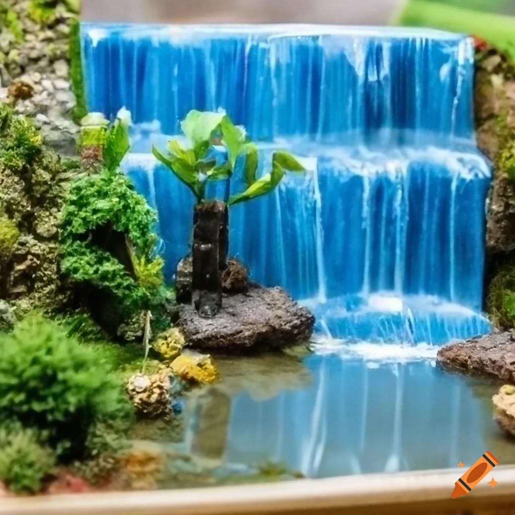 Miniature diorama of a waterfall with water reflections on Craiyon