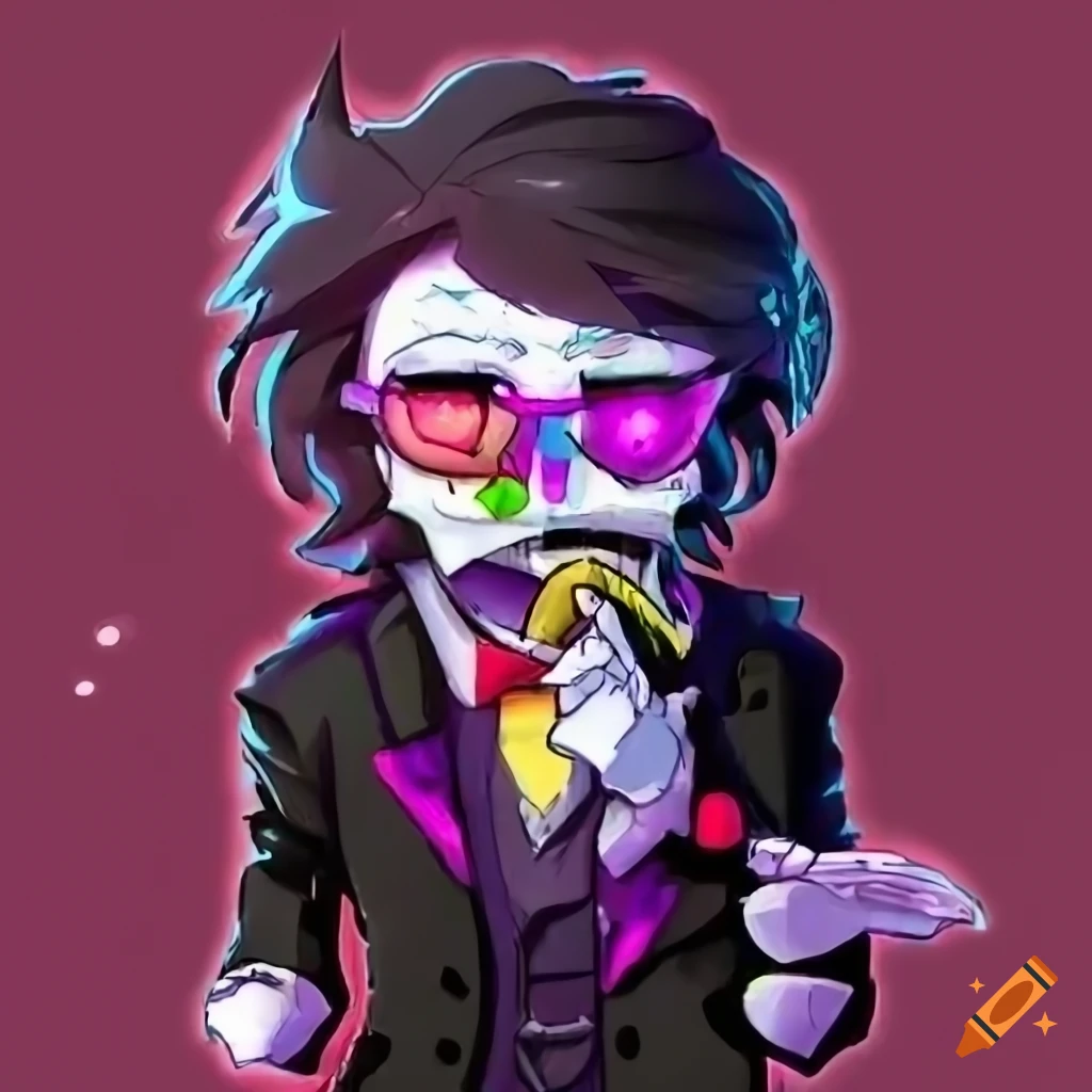 Chibi glitchy android butler character with pink mullet and black suit ...