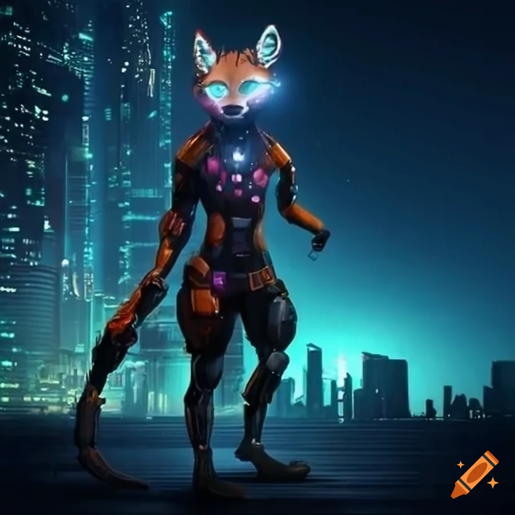 Cyborg fox with glowing eyes in a futuristic cityscape on Craiyon