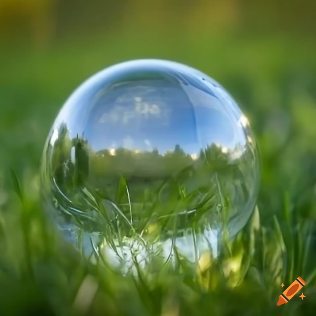 Macro photograph of green lawn seen through a glass sphere on Craiyon