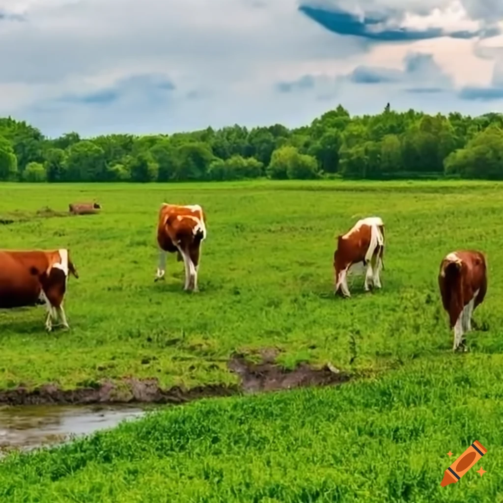 Cows grazing in a large crop field with a flowing river on Craiyon