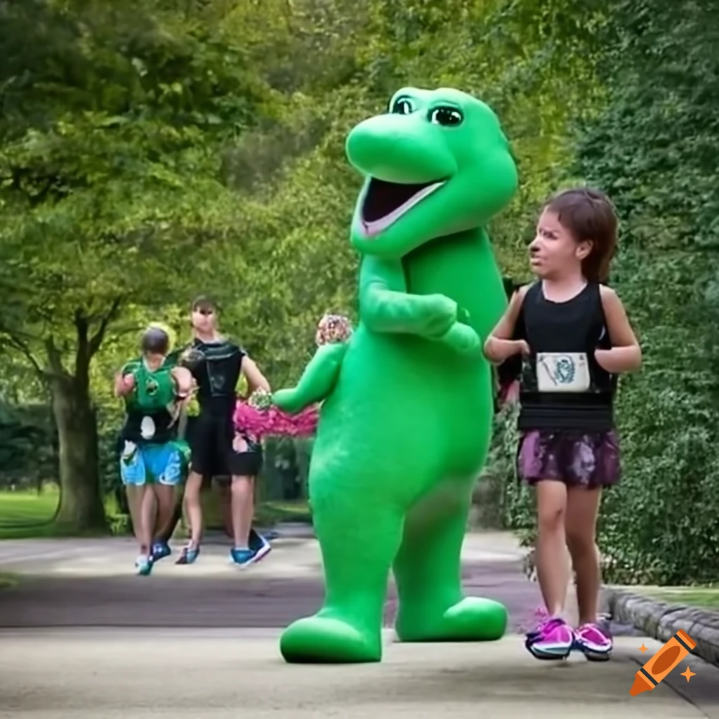 Barney, baby bop, bj, and riff walking in a park on Craiyon