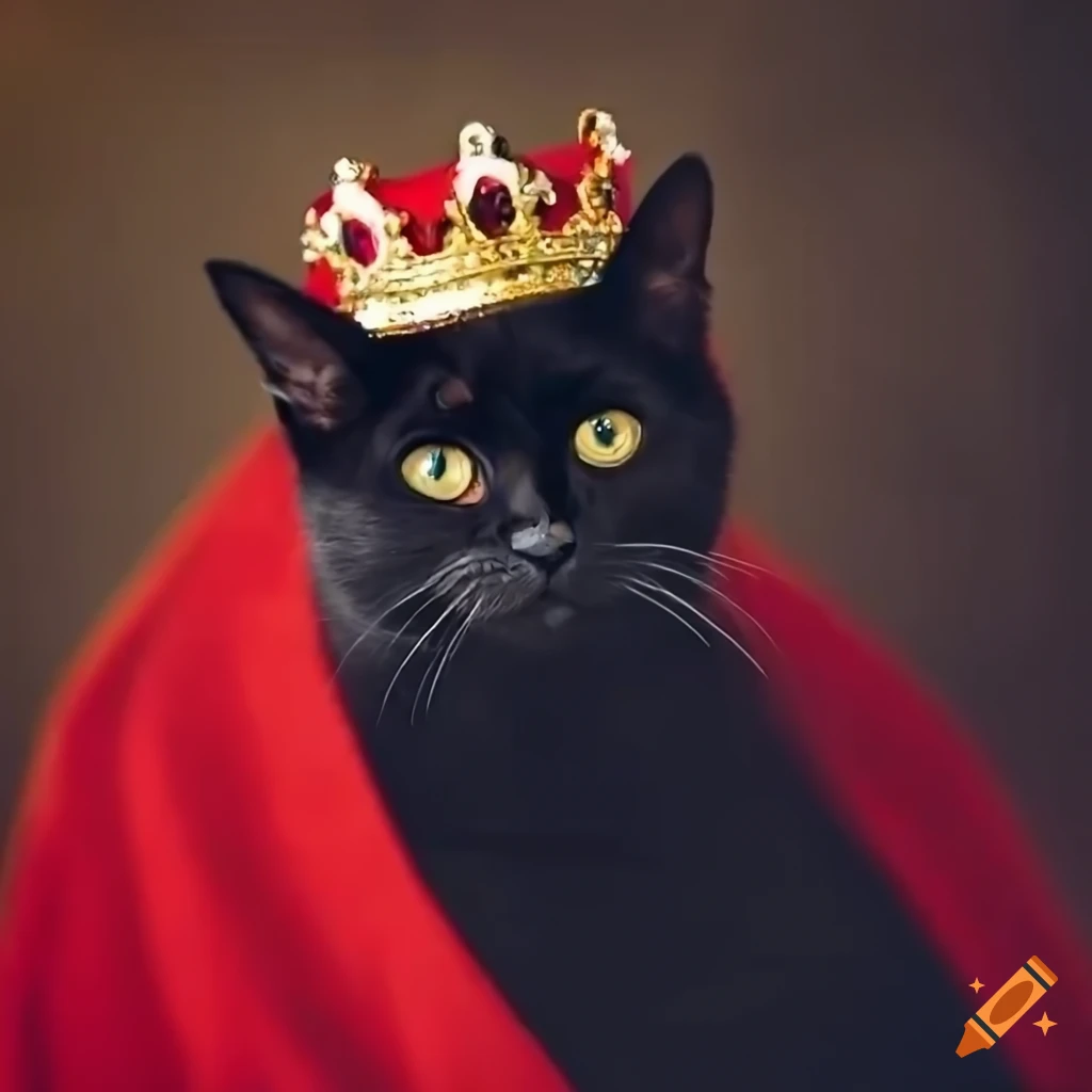Majestic black cat in royal crown and red robes on Craiyon