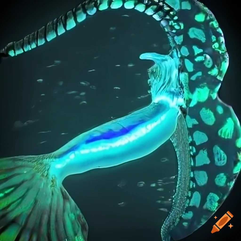 Biopunk mermaid with bioluminescent scales, gills, and fins in a close ...