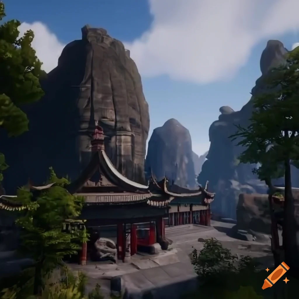 Chinese temple with rock Buddha statue, trees, and cloudy sky in Unreal ...