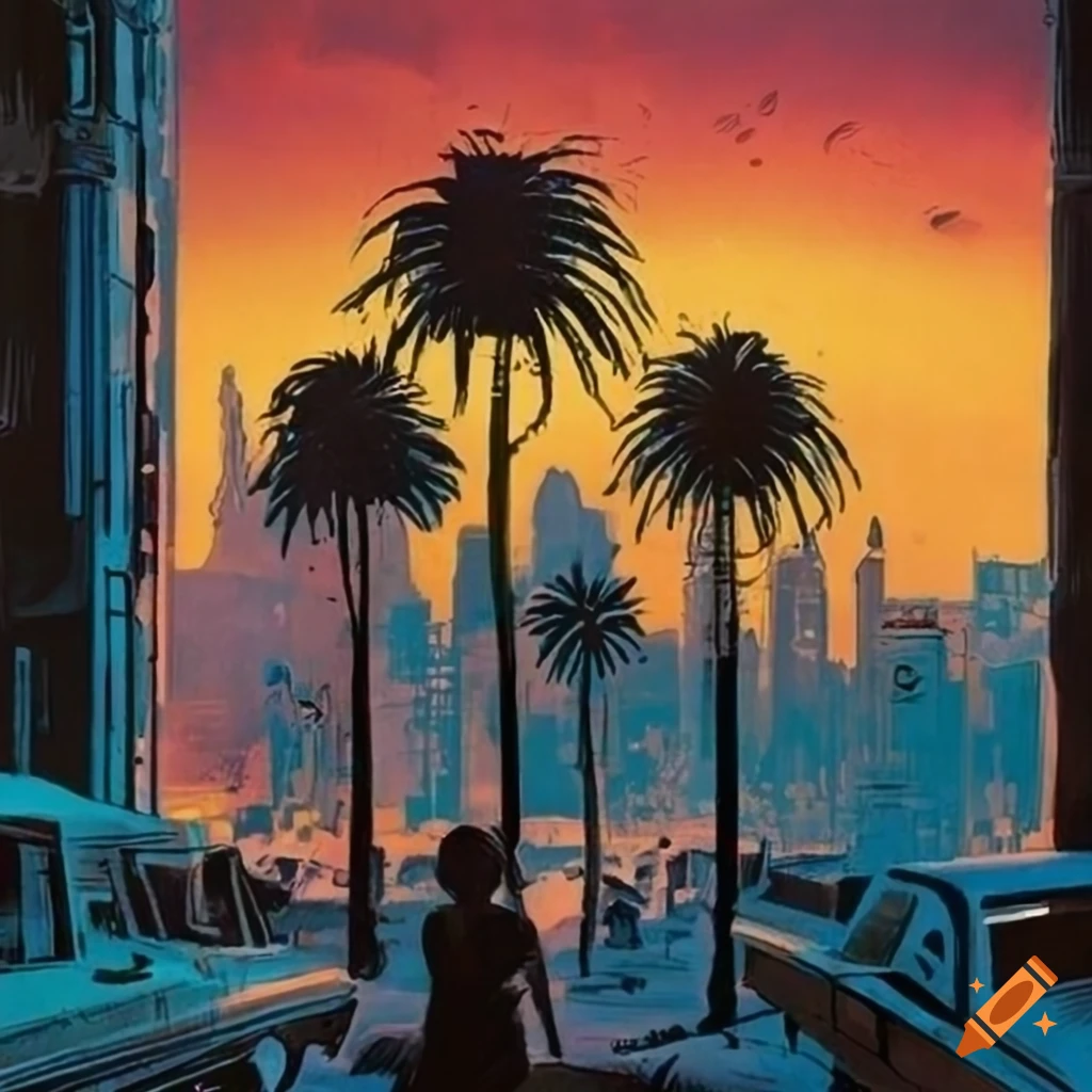 70s horror paperback cover: Palm trees in the big city on Craiyon