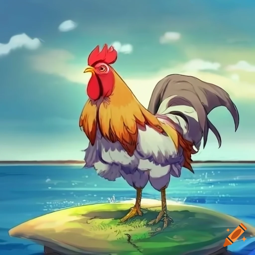 Cute rooster on an island in anime art style on Craiyon