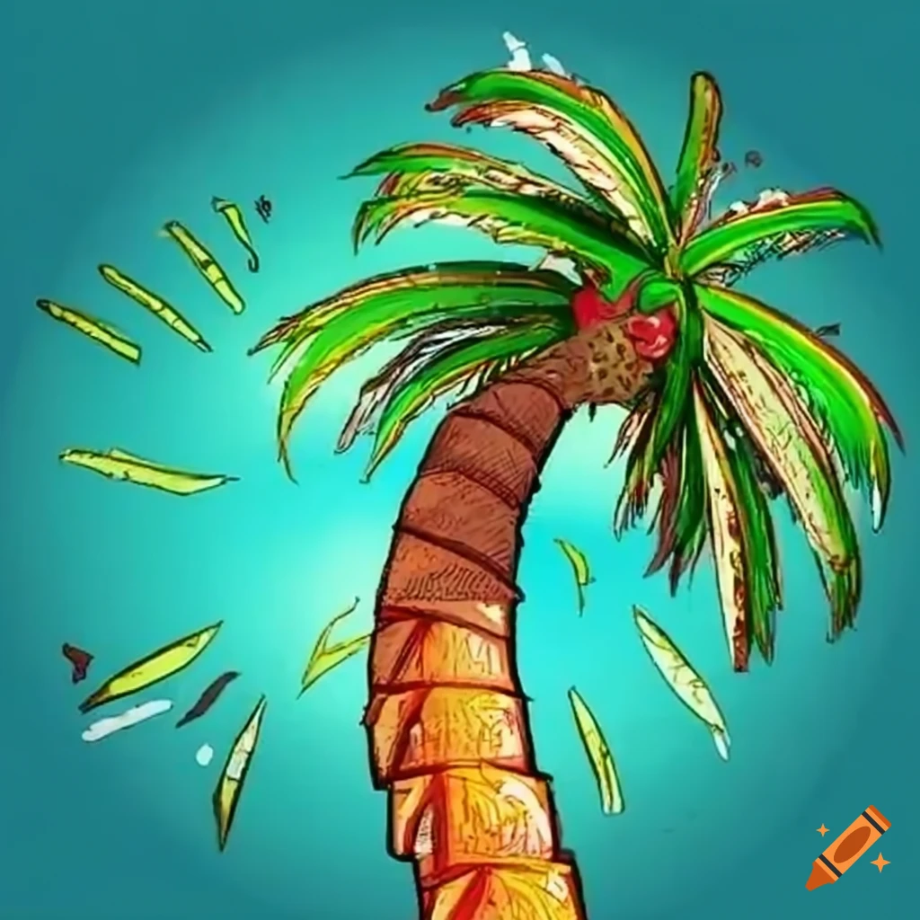 Palm tree dancing in a comic book style on Craiyon