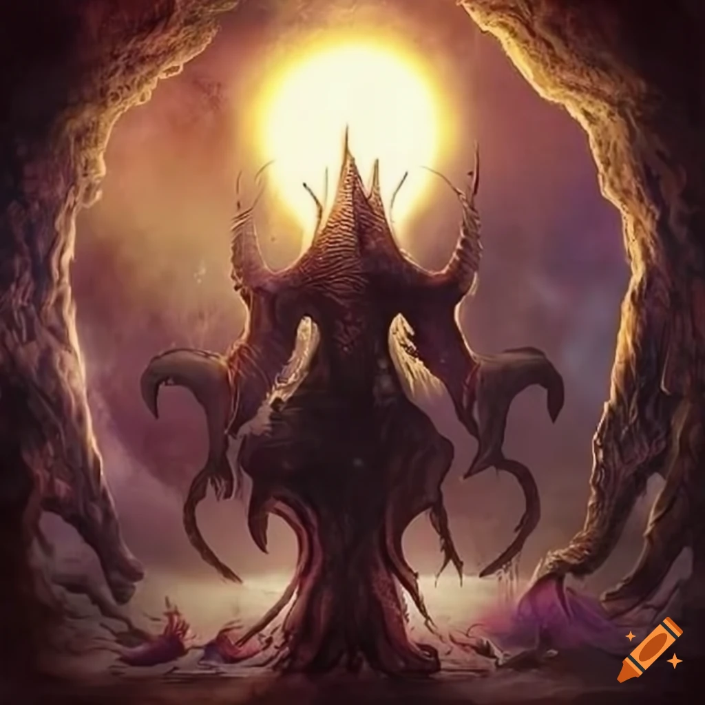 Depiction of primordial creatures and ancient gods with cosmic power on ...