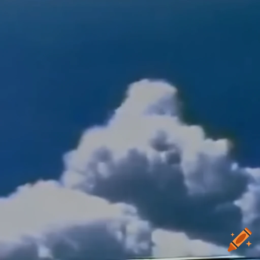 Sofa floating in the clouds against a blue sky in 1980s vhs footage on ...