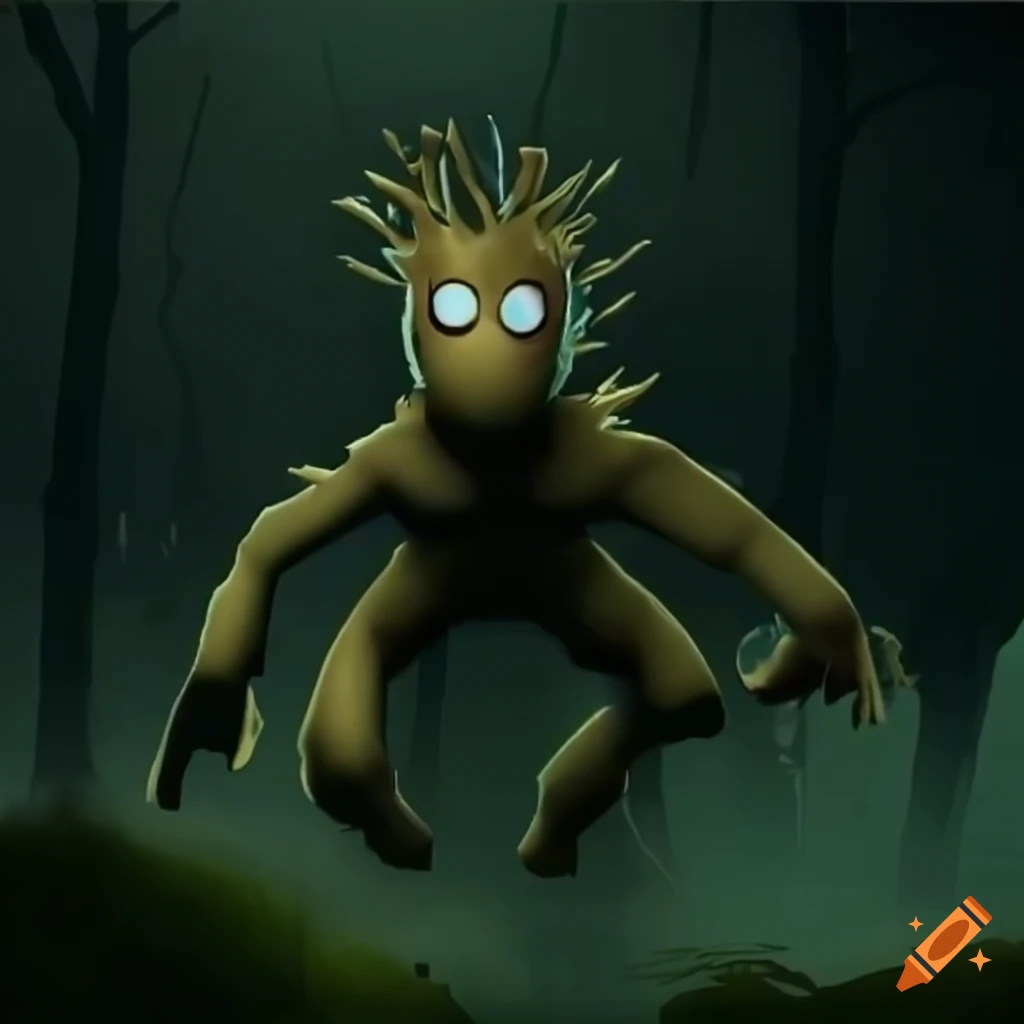 Roblox game thumbnail creature jumping out of a dark forest on Craiyon