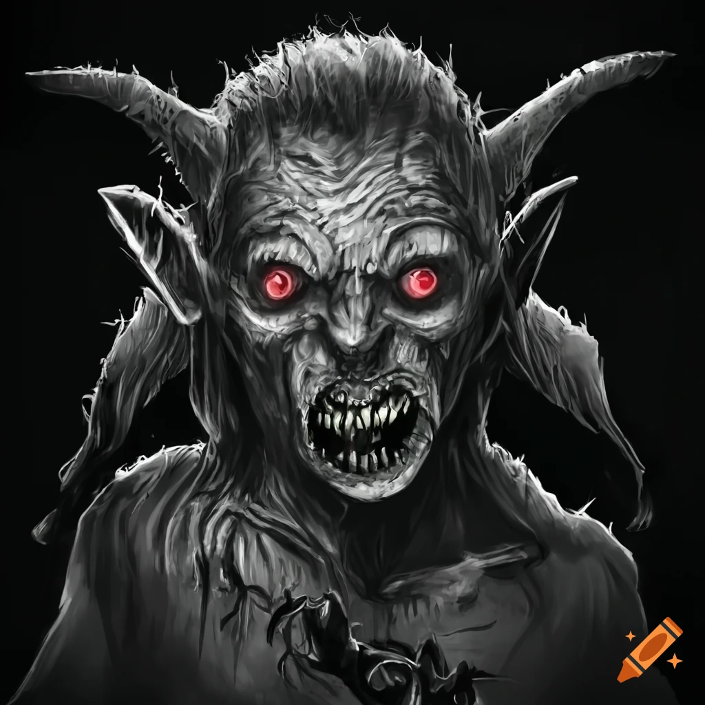 Eerie demon creature with glowing red eyes holding a rusty sword on Craiyon