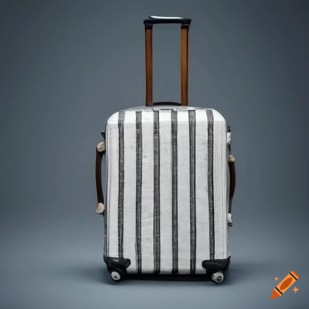 White and black cotton luggage with wheels and wooden handle on Craiyon