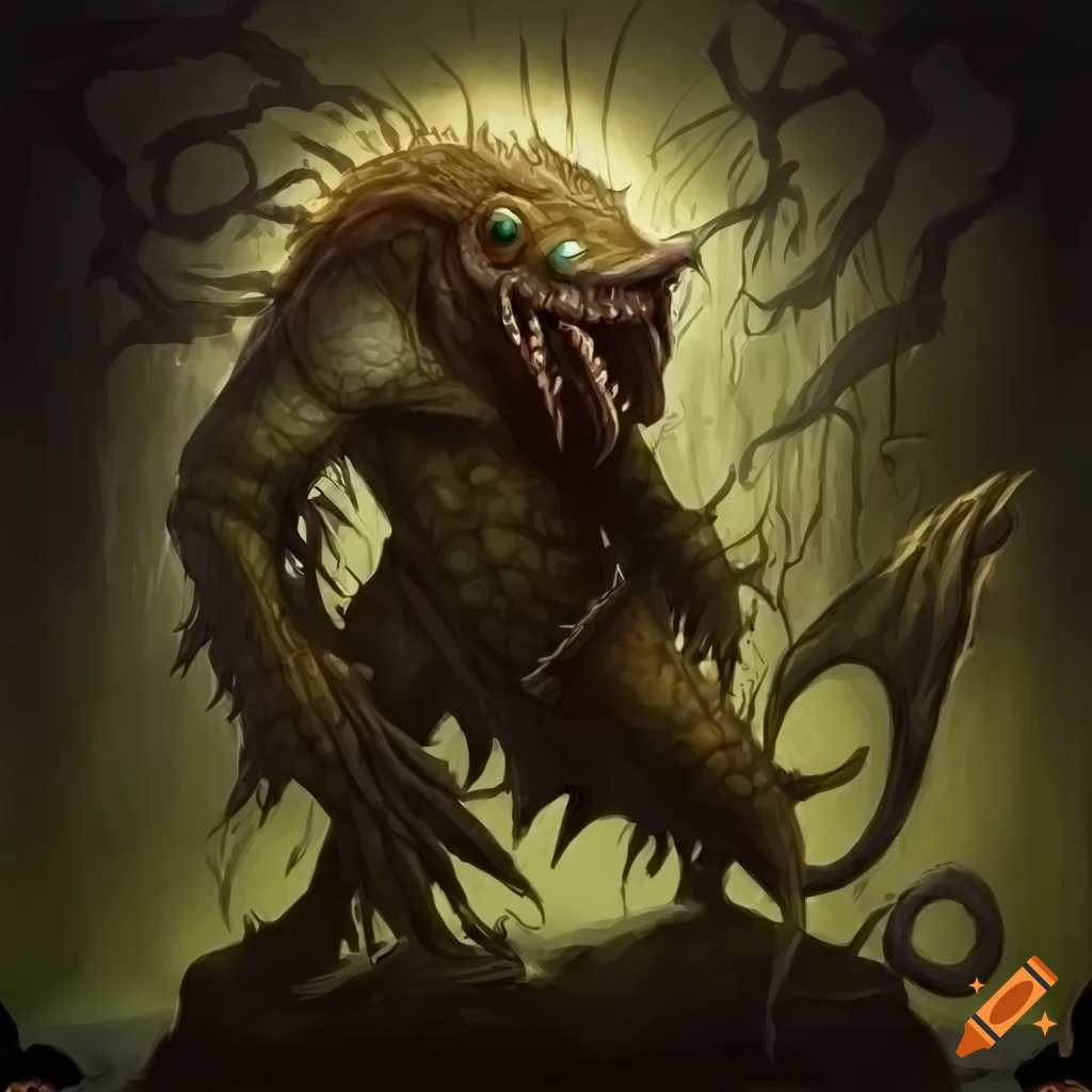Monstrous humanoid fish with shield in fantasy art on Craiyon