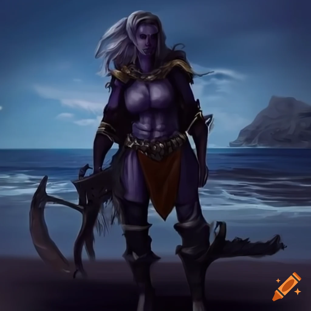 Female drow warrior on a beach on Craiyon