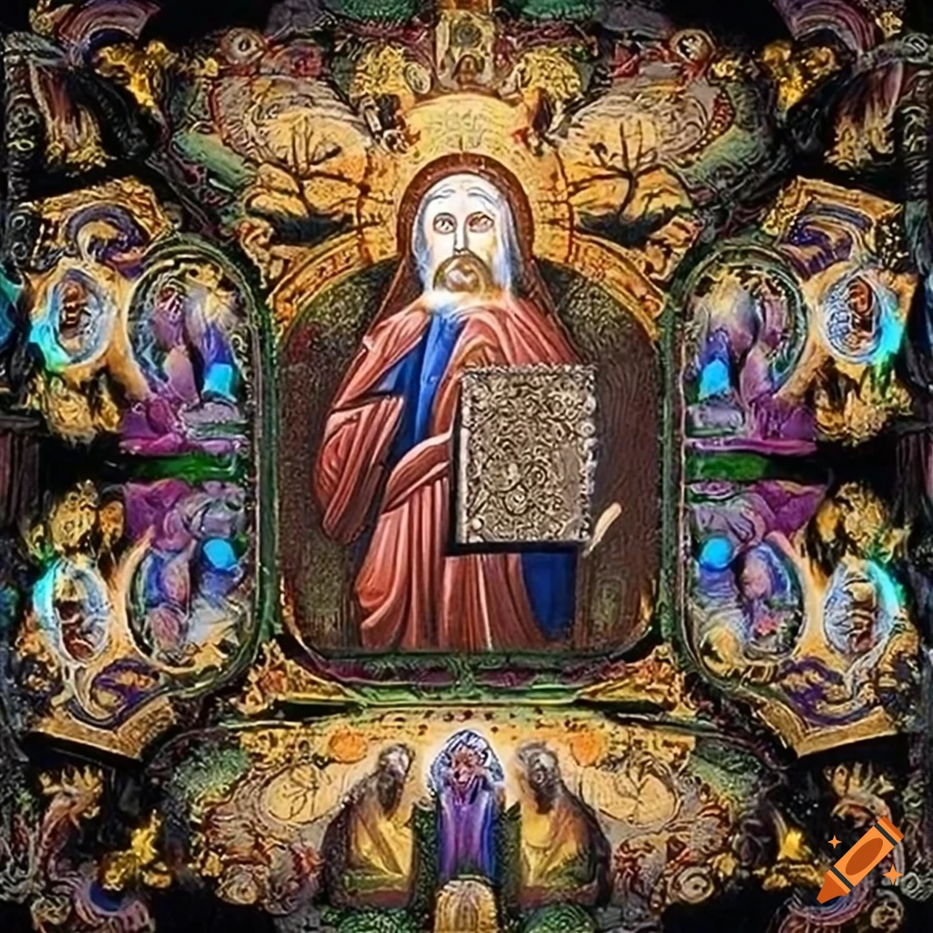 Detailed closeup of front-facing hyper realistic Bible icons on Craiyon