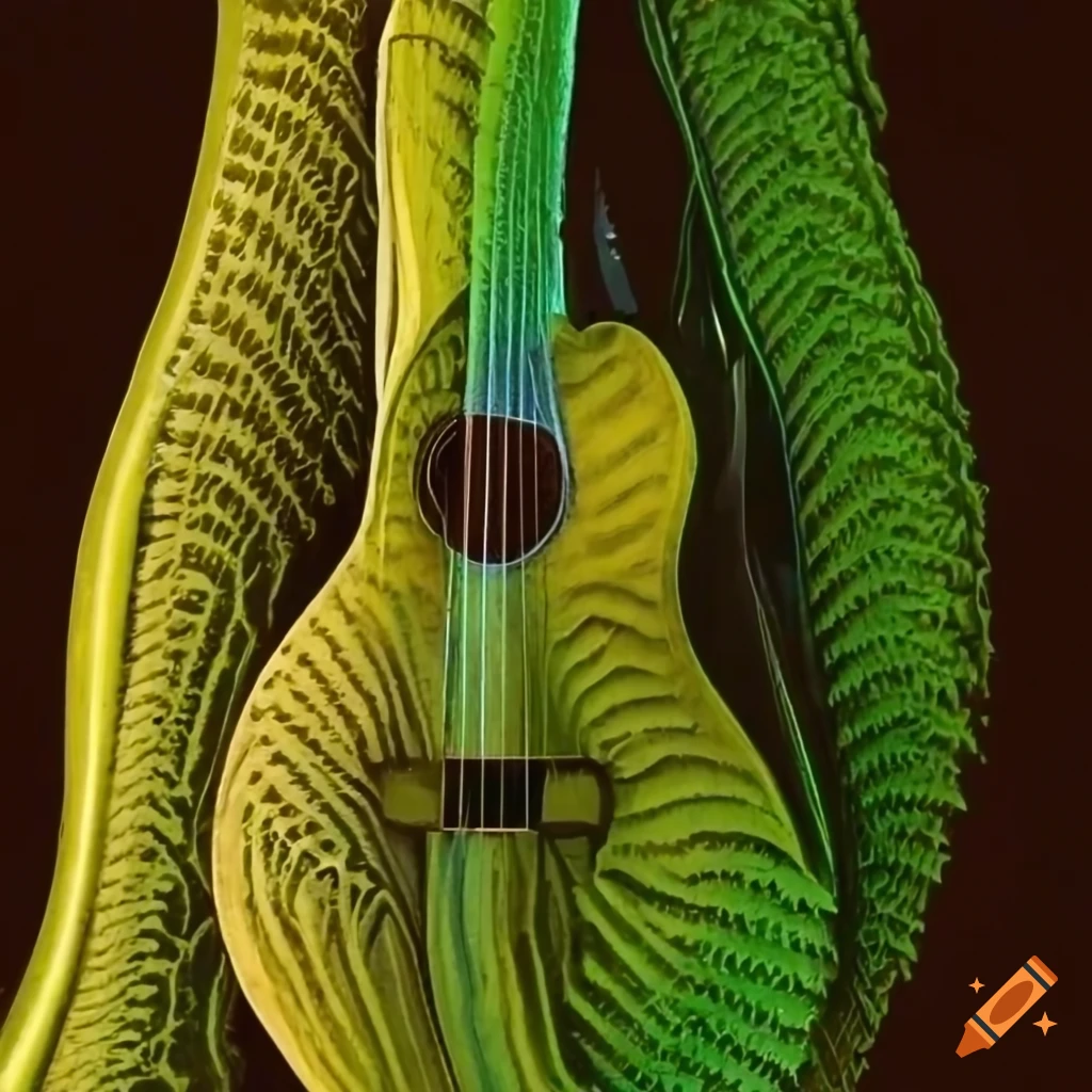 Guitar-shaped body made of lush green fern leaves with organic texture ...