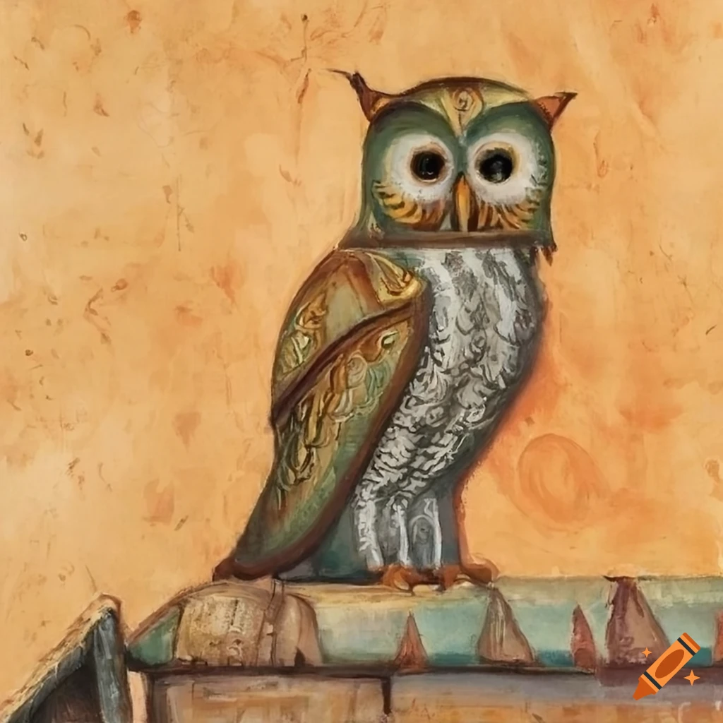 Medieval style painting of an athena owl perched on a steeple on Craiyon