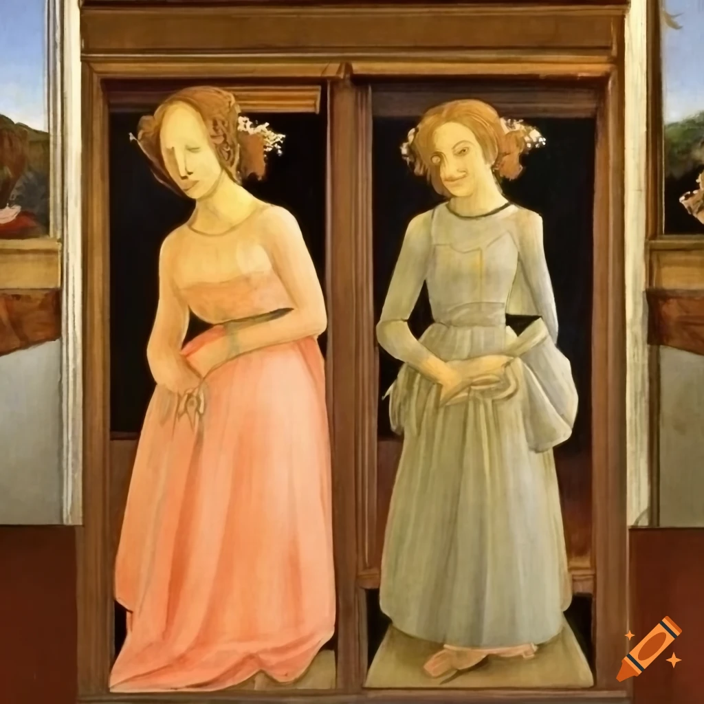 Full Body View Of A Group Of Pre Raphaelite Young Ladies With Long Hair In A Style Reminiscent