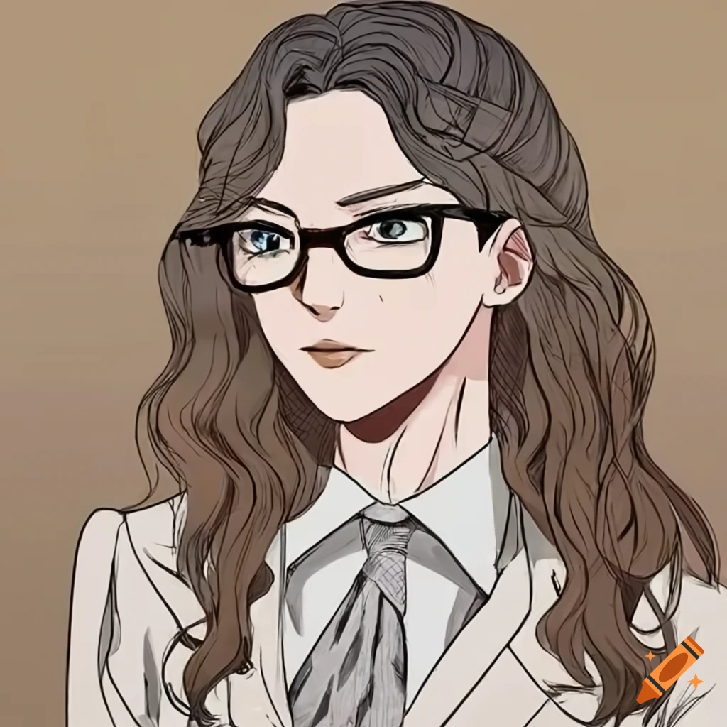 Woman with long wavy hair and eyeglass in formal attire like an ...